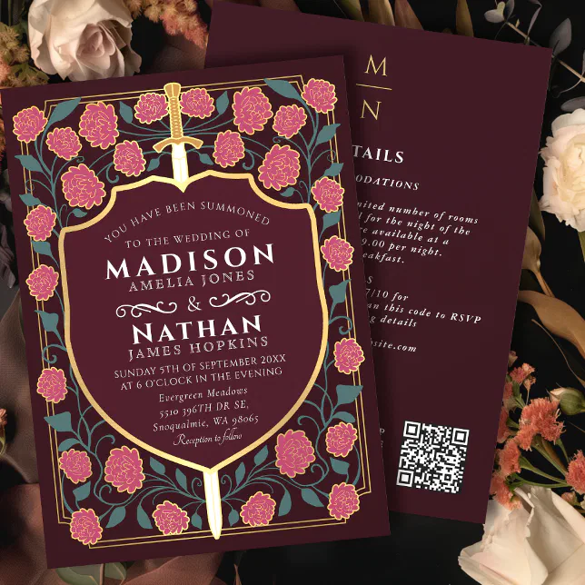 Sword Shield Fantasy Monogram Wedding QR Code Invitation | Zazzle