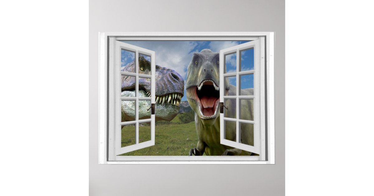 T-Rex Dinosaurs Faux Window View Poster | Zazzle