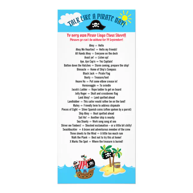 Talk Like a Pirate Day List of Phrases Cheat Sheet Rack Card | Zazzle
