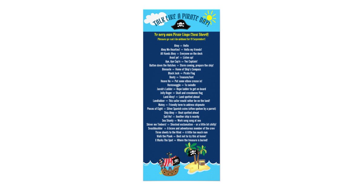 Talk Like a Pirate Day Phrases Sheet Dark Blue Rack Card | Zazzle