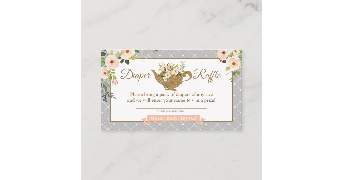 Tea Party Grey Pink Floral Diaper Raffle Ticket Enclosure Card | Zazzle