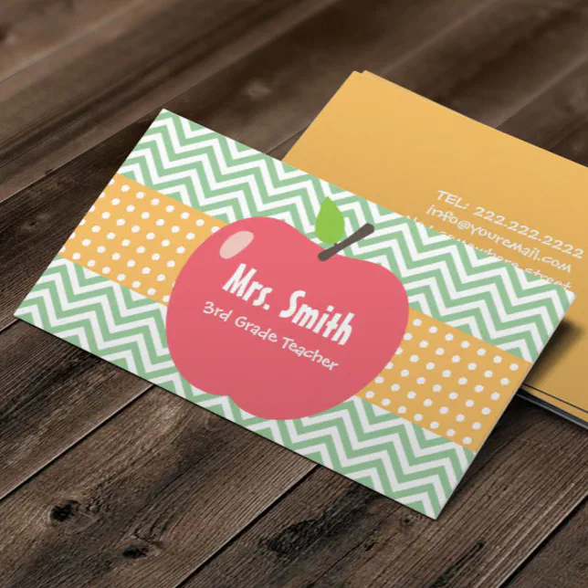 Teacher Cute Apple Chevron Stripes Business Card | Zazzle