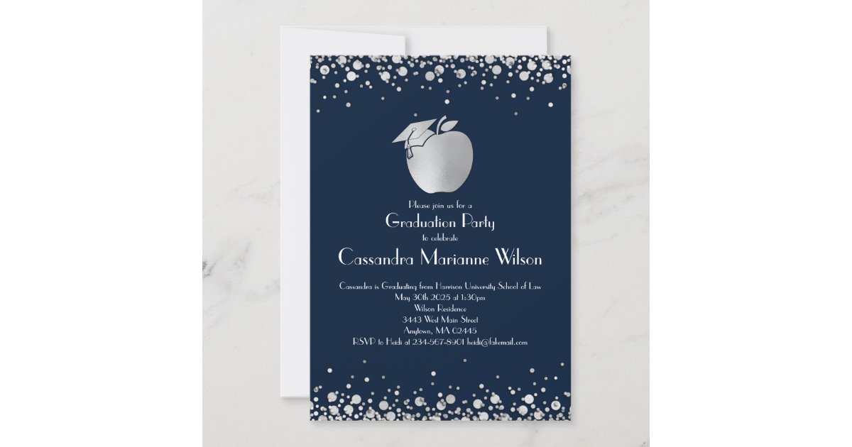 Teacher Education Graduation Navy Blue Silver Invi Invitation | Zazzle