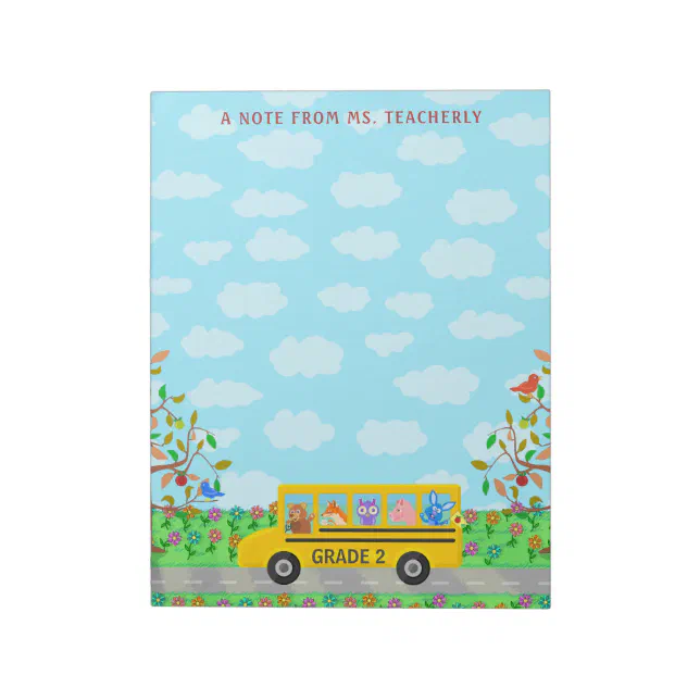 Teacher Name Classroom Cute Animals on School Bus Notepad | Zazzle