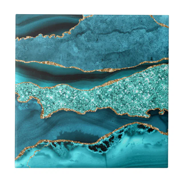 Teal Blue Gold Marble Aqua Turquoise Ceramic Tile | Zazzle