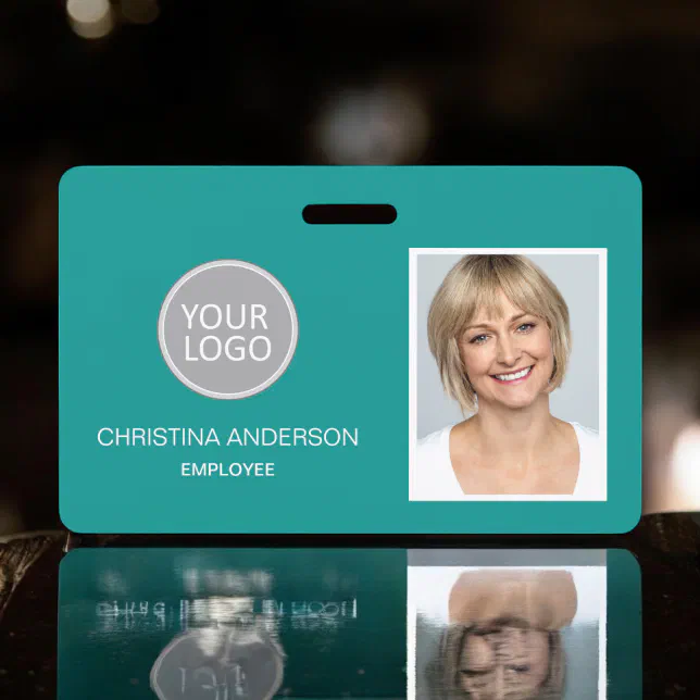 Teal Employee Name Logo Photo Corporate Work ID Badge | Zazzle