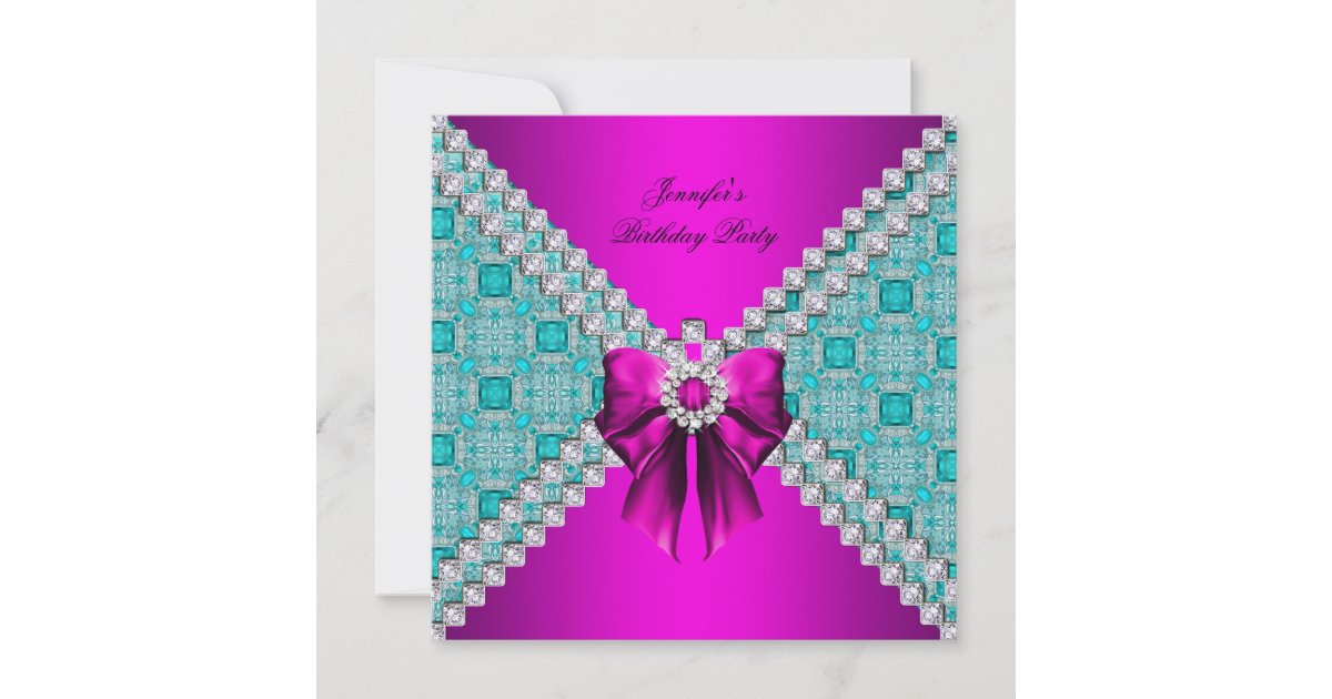 Teal Hot Pink Diamonds Elegant Birthday Party Invitation | Zazzle