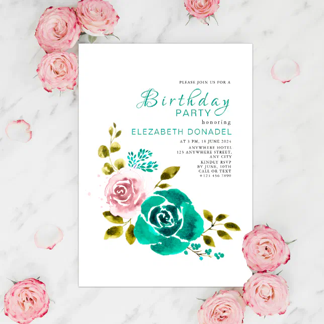 Teal & Pink Floral Bouquet Birthday Party Invitation | Zazzle