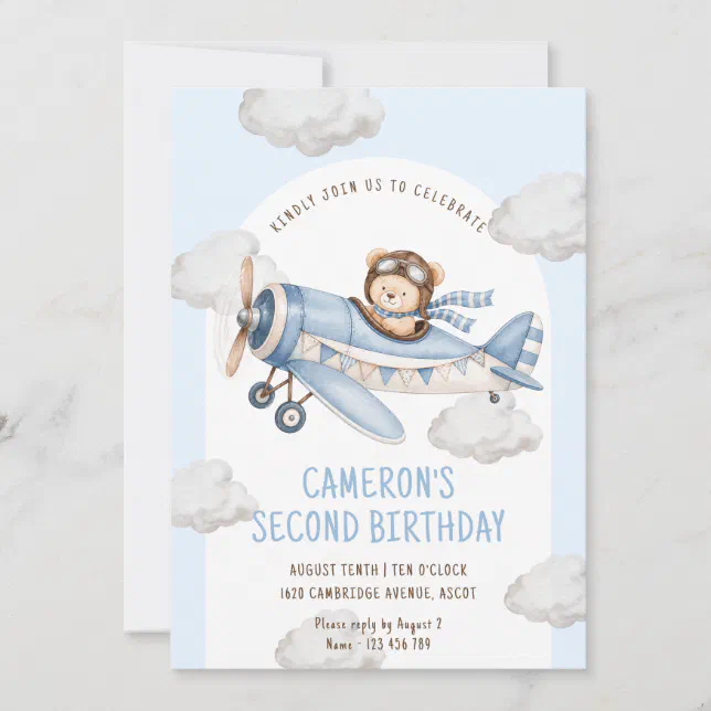 Teddy Bear Plane Second Birthday Invitation | Zazzle