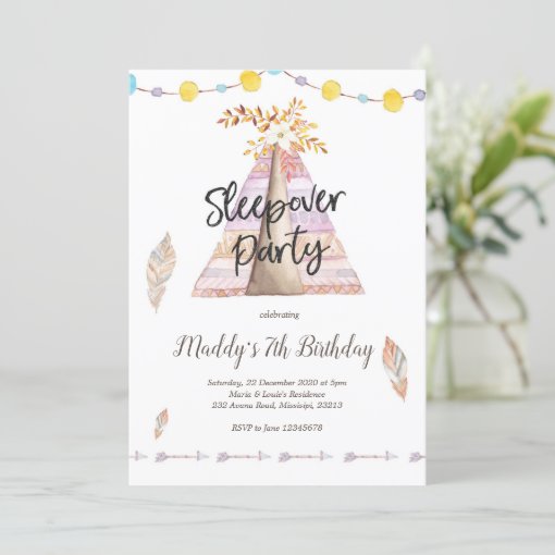 Tee Pee Sleepover Girl Birthday Party Invitation | Zazzle