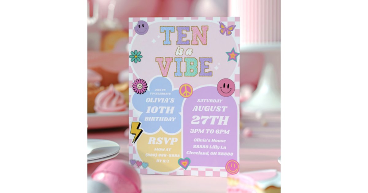 Ten Is A Vibe Preppy Patch 10th Birthday Party Invitation | Zazzle