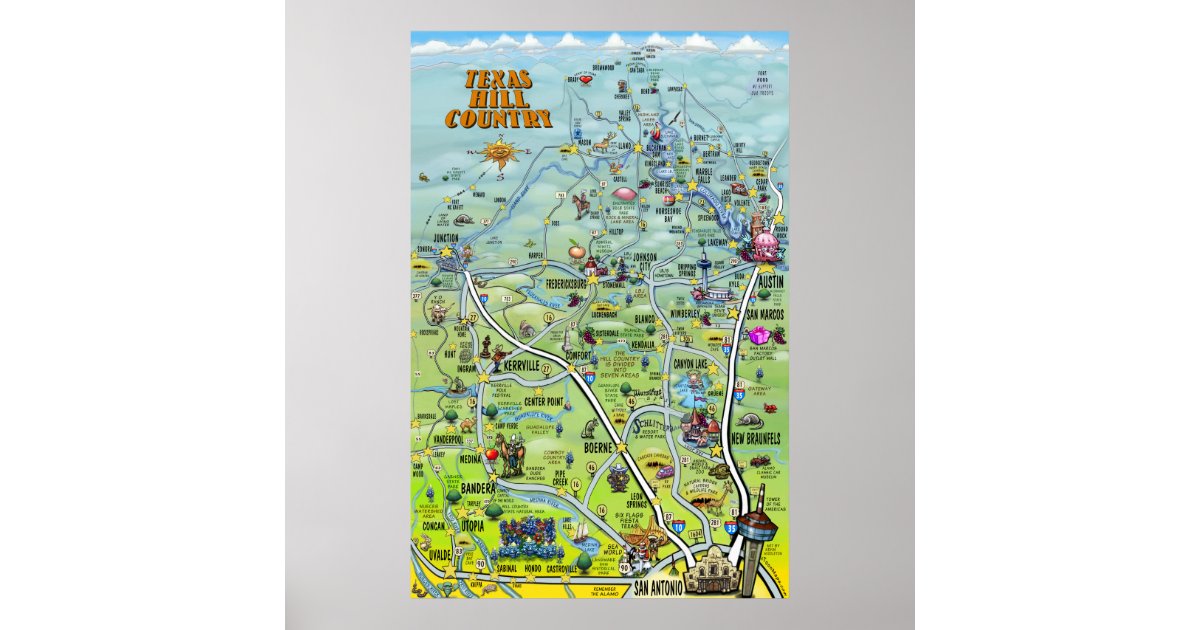 Texas Hill Country Cartoon Map Poster | Zazzle