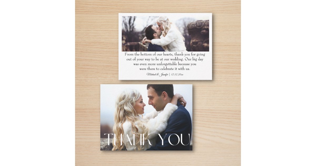 thank you 2 photos white chic typography wedding card | Zazzle