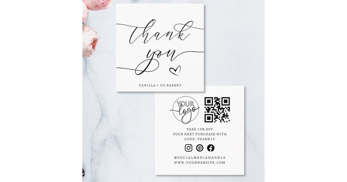 Thank You Script Heart Bakery Company Logo QR Code Square Business Card ...