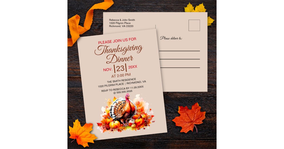 Thanksgiving Dinner Watercolor Turkey Invitation | Zazzle