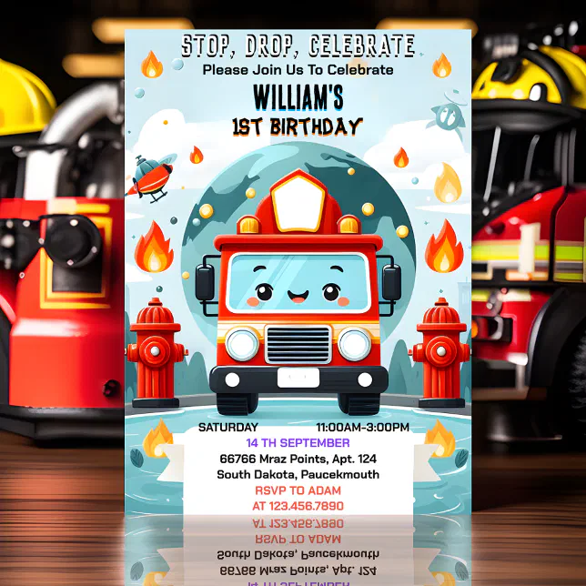 The Cute Hot Fire Truck Engine Safety 1st birthday Invitation | Zazzle