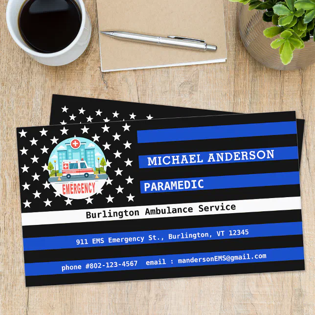 Thin White Line Flag Custom Paramedic EMS Logo Business Card | Zazzle