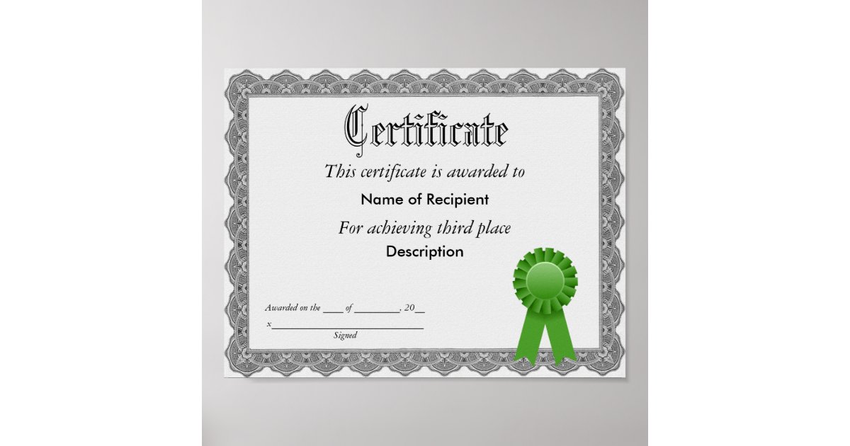 Third Place Green Ribbon Certificate Poster | Zazzle