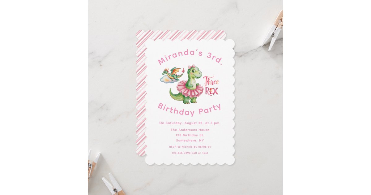 Three Rex Girl 3rd Birthday Party Invitation | Zazzle