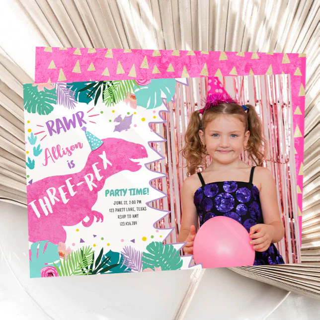 Three-Rex Pink Dinosaur Girl Third 3rd Birthday Invitation | Zazzle