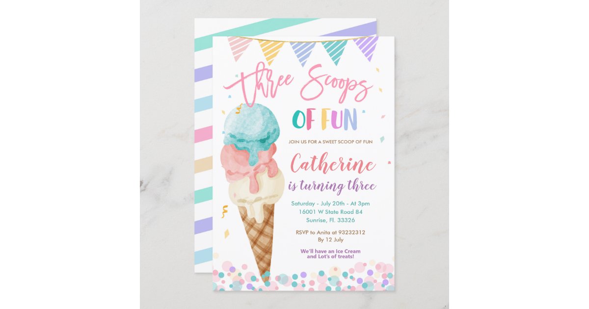 Three Scoops Of Fun 3rd Birthday Party Invitation Zazzle