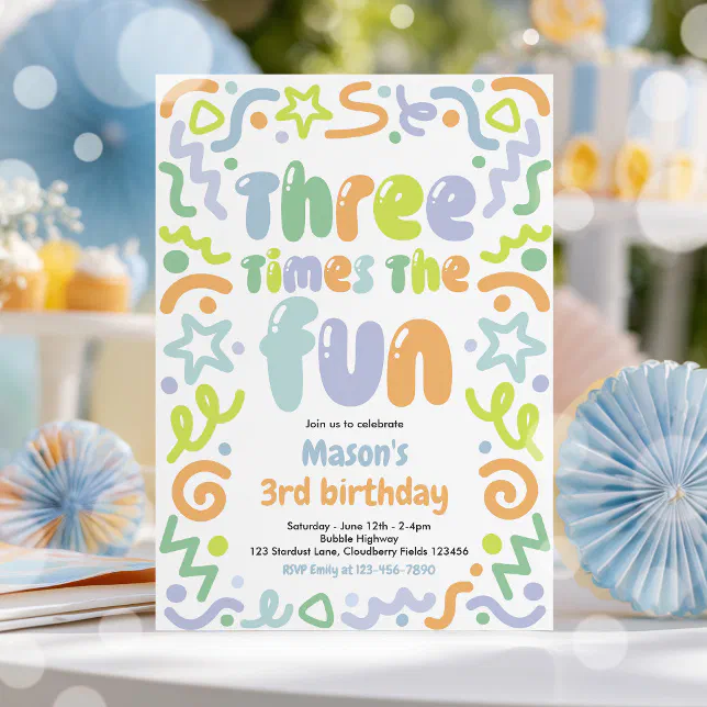 Three Times The Fun Confetti Balloon 3rd Birthday Invitation | Zazzle