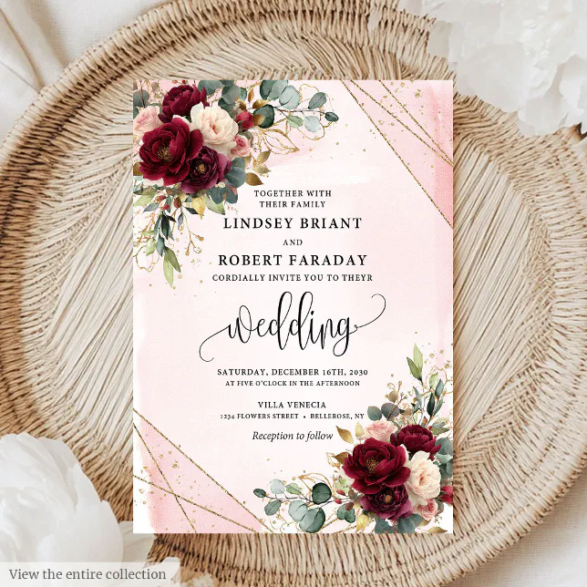 Timeless Maroon Gold Blush Roses Romantic Wedding Invitation | Zazzle