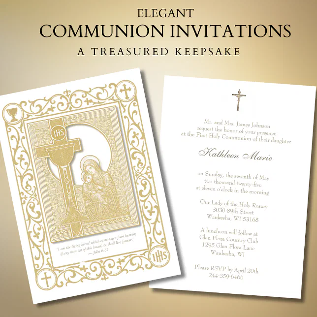 Traditional Catholic Holy Communion Floral Invitation | Zazzle