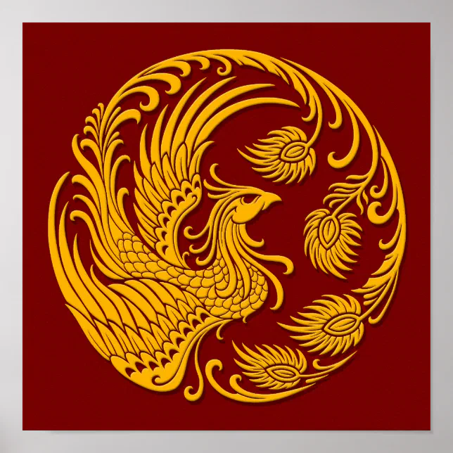 Traditional Yellow Phoenix Circle on Red Poster | Zazzle