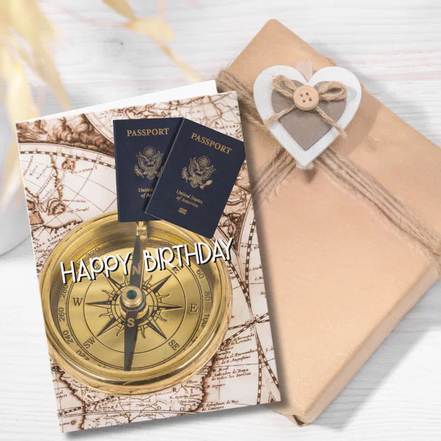 Travel, World Map, Passports, Compass, Birthday Card | Zazzle