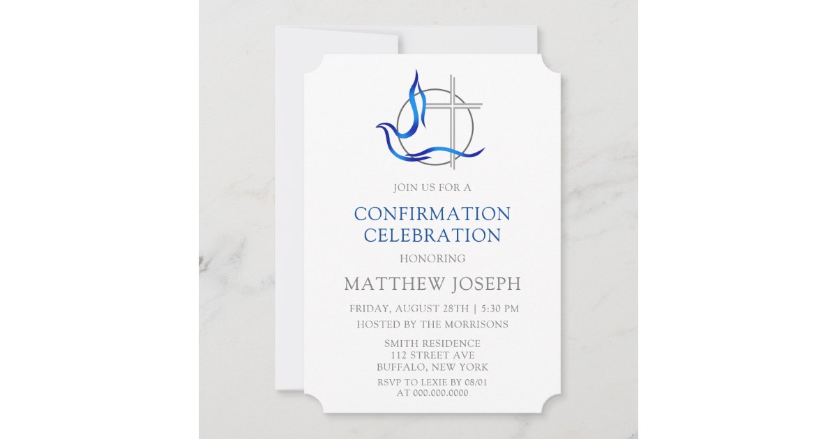 Trendy Blue and Grey Cross Dove Confirmation Invitation | Zazzle