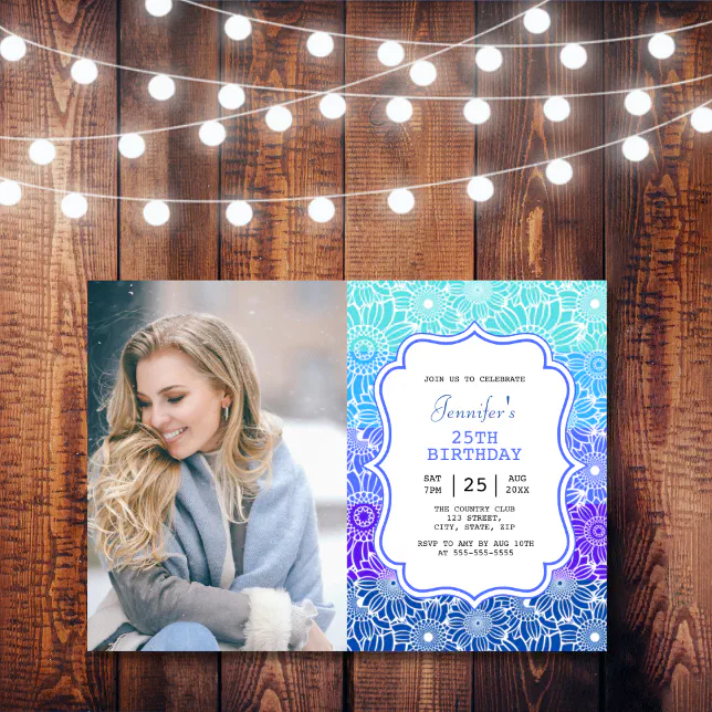 Trendy Blue Stripes Floral Frame Photo Birthday Invitation | Zazzle