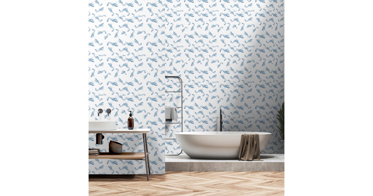 Trendy Coastal Aesthetic Indigo Blue Shrimp Toile Wallpaper | Zazzle