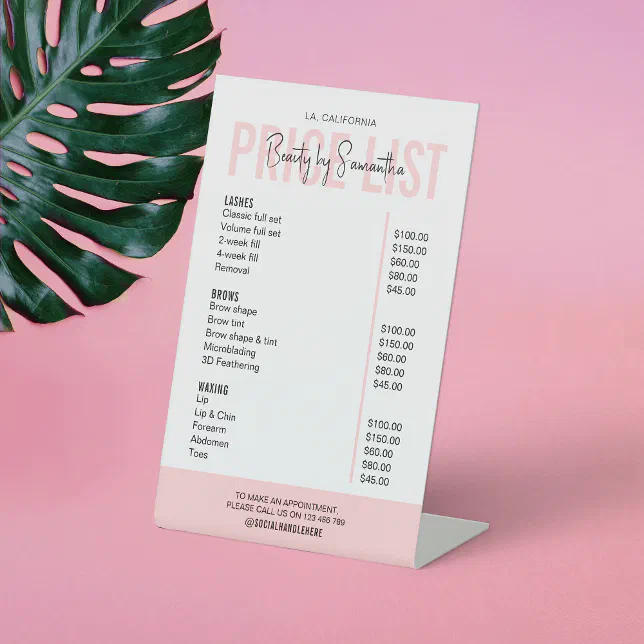 Trendy Logo Blush Pink Beauty Salon Pricing Menu Pedestal Sign | Zazzle