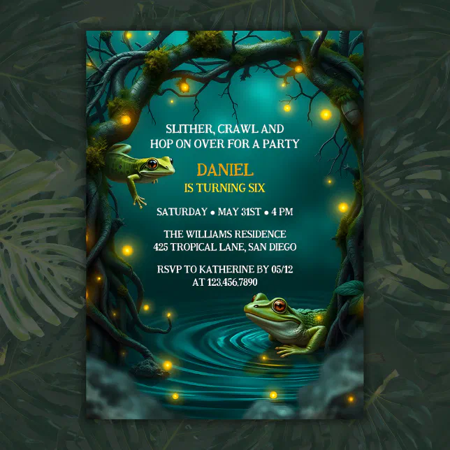 Tropical Frogs Lizards Kids Reptile Birthday Party Invitation | Zazzle