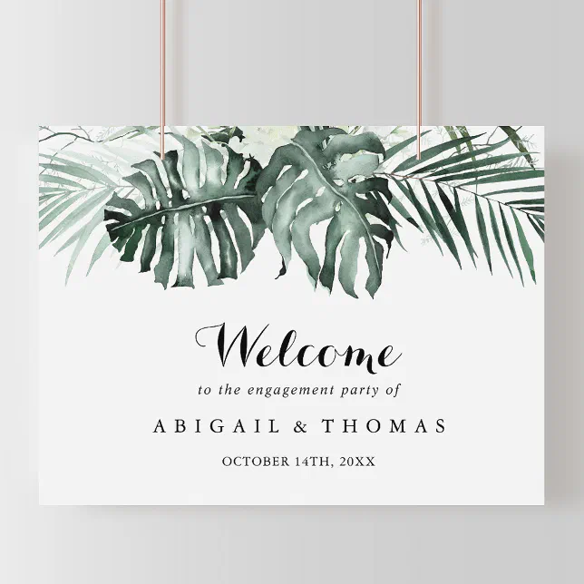 Tropical Greenery White Engagement Party Welcome Poster | Zazzle