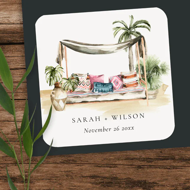 Tropical Palm Beach Watercolor Cabana Wedding Square Sticker | Zazzle