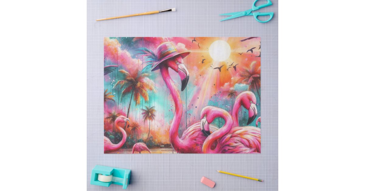 Tropical Pink Flamingos Palm Trees Sun Decoupage Tissue Paper | Zazzle