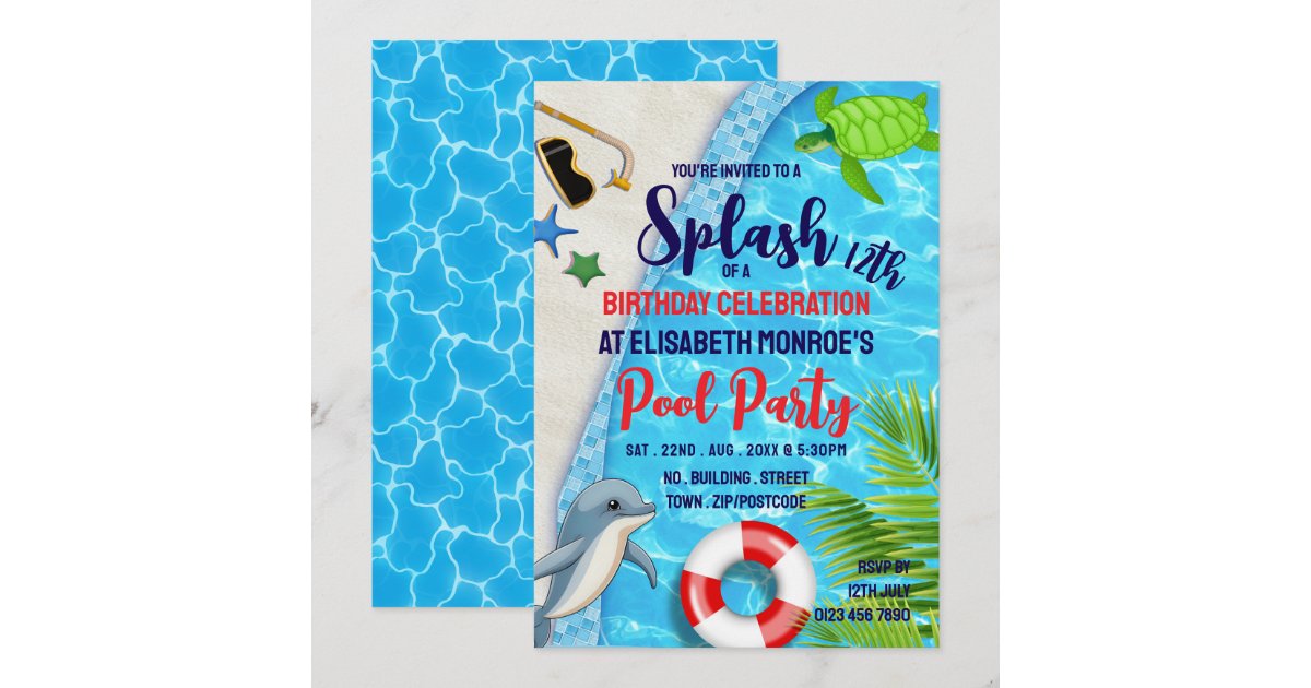 Tropical Pool, Dolphin/Turtle Pool Party Birthday Invitation | Zazzle
