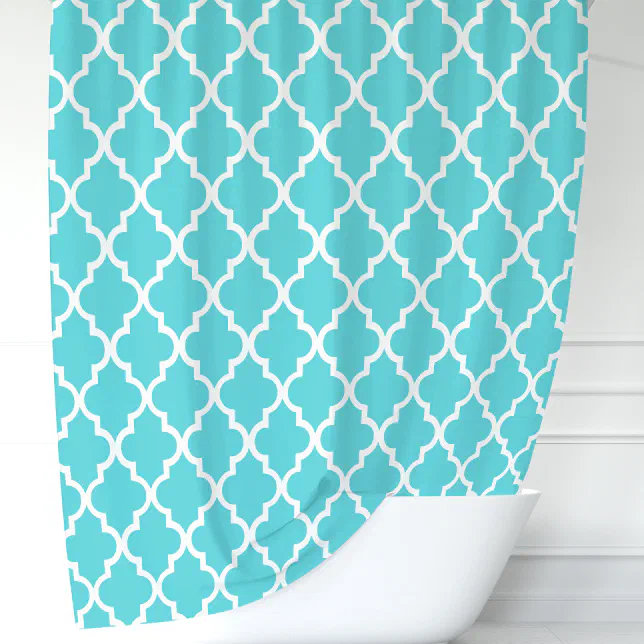 Turquoise and White Moroccan Quatrefoil Shower Curtain | Zazzle