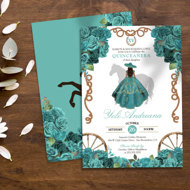 Turquoise Floral Charro Western Ranch Quinceanera Invitation | Zazzle