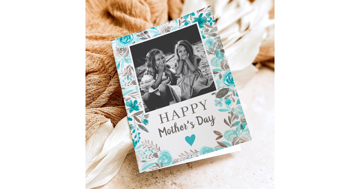 Turquoise Floral watercolor poem photo Mother day Card | Zazzle