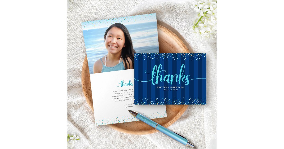 Turquoise glitter script grad photo navy stripes thank you card | Zazzle