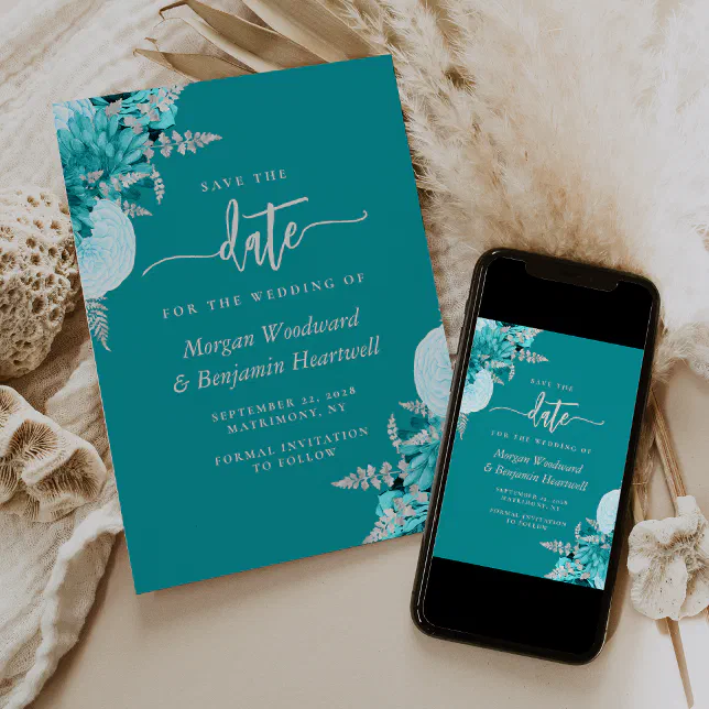 Turquoise Silver Floral Wedding Save the Date Invitation | Zazzle