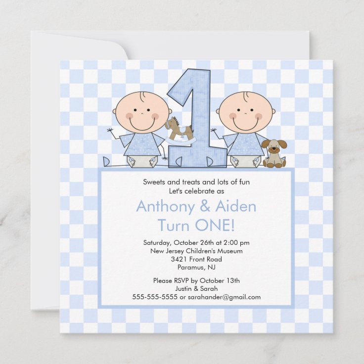 Twin Boys Stick Figure Twins Birthday Invitation | Zazzle