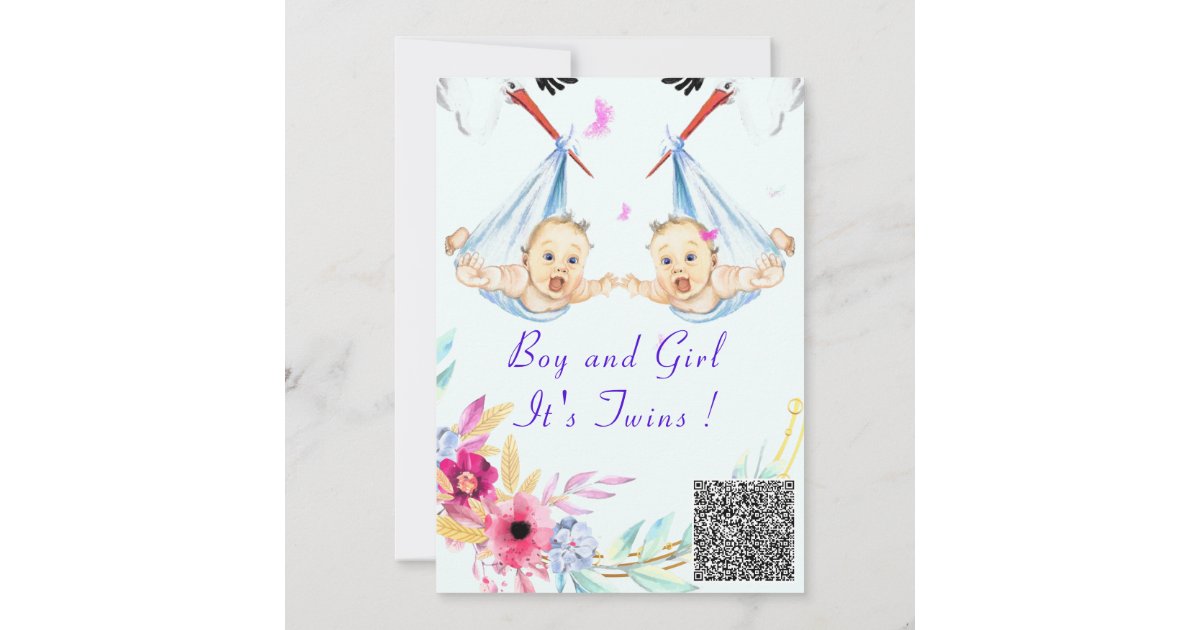 Twins Boy and Girl QR Code Baby Shower Invitation | Zazzle