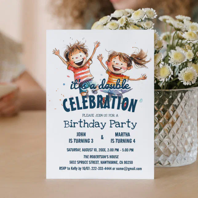 Two Happy Kids Double Birthday Party Invitation | Zazzle