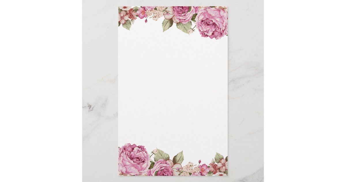 Two Sided Border with Pink Rose Painting Stationery | Zazzle