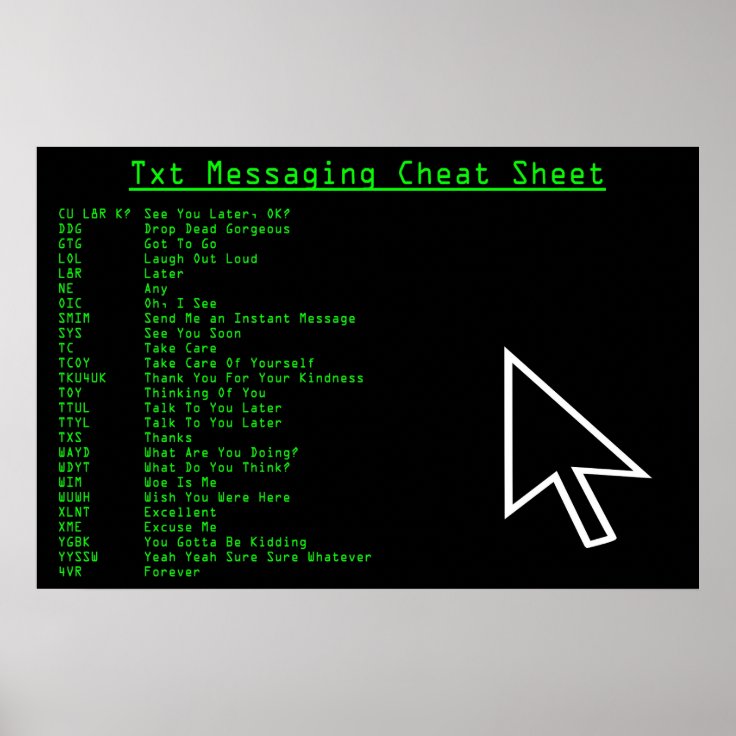 Txt Messaging Cheat Sheet Poster | Zazzle