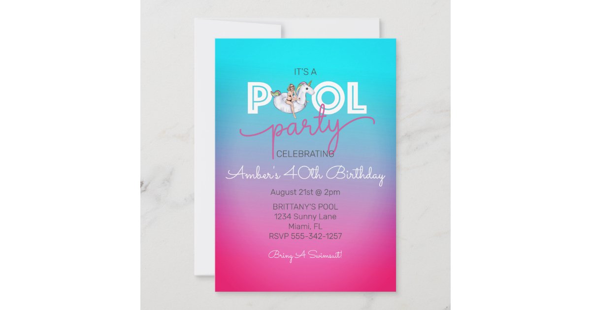 Unicorn Float Summer Pool 40th Birthday Party Invitation | Zazzle